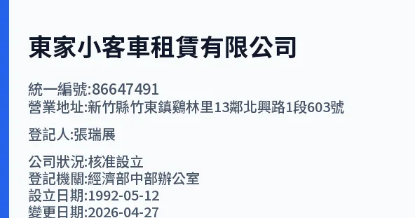 東家小客車租賃有限公司的照片-統編 86647491(新竹縣) 公司登記資料與營業項目詳細圖表