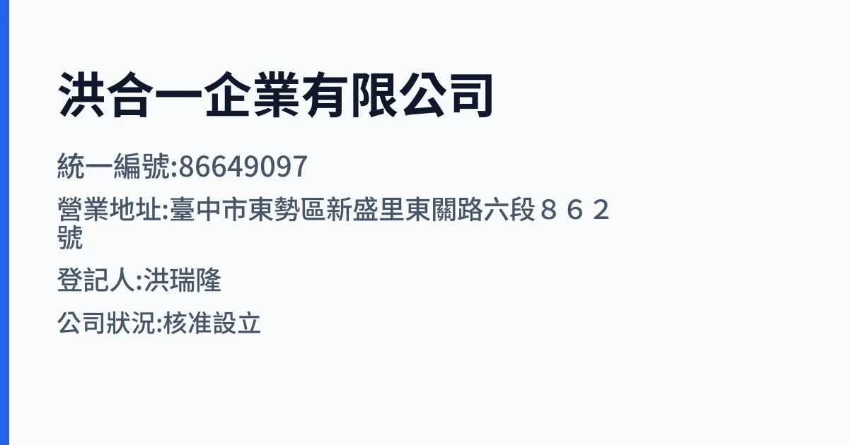 洪合一企業有限公司 - 統編 86649097(臺中市) 公司登記資料與營業項目詳細圖表
