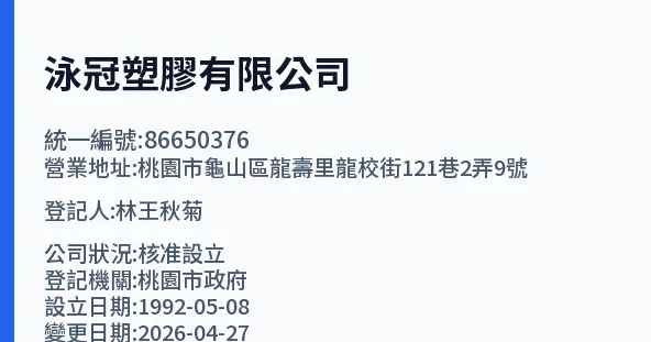 泳冠塑膠有限公司的照片-統編 86650376(桃園市) 公司登記資料與營業項目詳細圖表