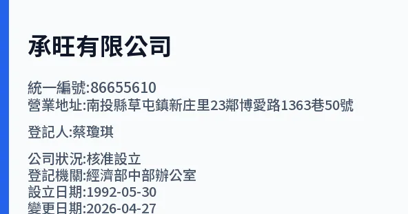 承旺有限公司的照片-統編 86655610(南投縣) 公司登記資料與營業項目詳細圖表