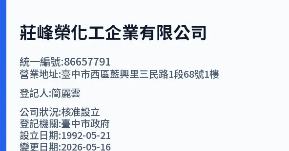 莊峰榮化工企業有限公司的照片-統編 86657791(臺中市) 公司登記資料與營業項目詳細圖表