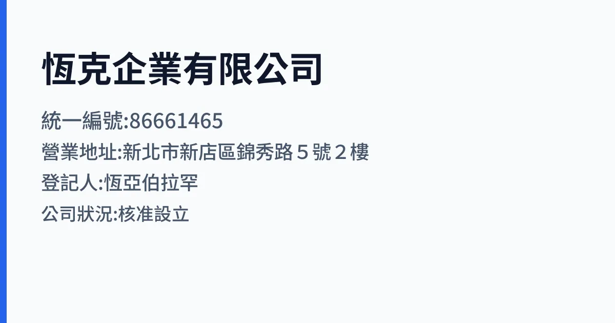 恆克企業有限公司 - 統編 86661465(新北市) 公司登記資料與營業項目詳細圖表