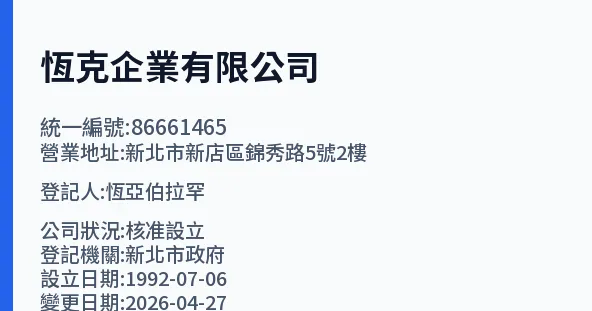 恆克企業有限公司的照片-統編 86661465(新北市) 公司登記資料與營業項目詳細圖表