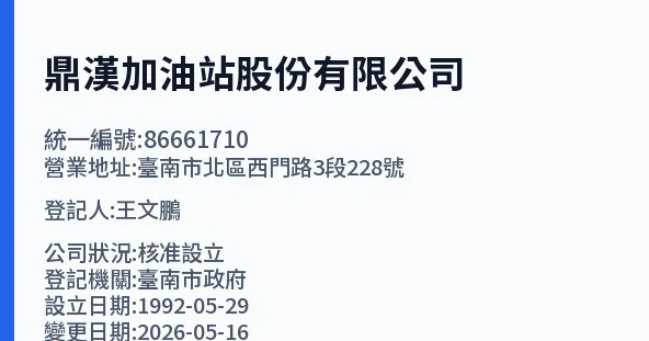 鼎漢加油站股份有限公司的照片-統編 86661710(臺南市) 公司登記資料與營業項目詳細圖表