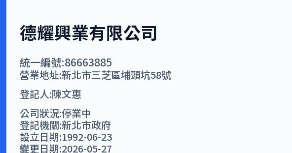 德耀興業有限公司的照片-統編 86663885(新北市) 公司登記資料與營業項目詳細圖表