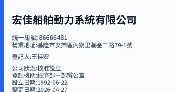 宏佳船舶動力系統有限公司的照片-統編 86666481(基隆市) 公司登記資料與營業項目詳細圖表