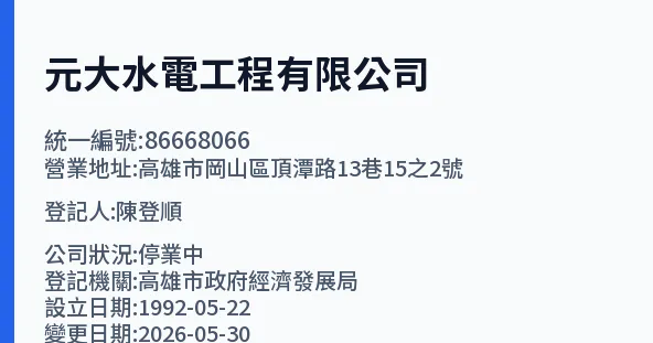 元大水電工程有限公司的照片-統編 86668066(高雄市) 公司登記資料與營業項目詳細圖表
