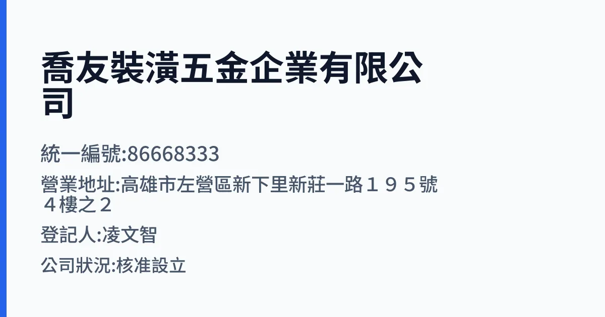 喬友裝潢五金企業有限公司 - 統編 86668333(高雄市) 公司登記資料與營業項目詳細圖表