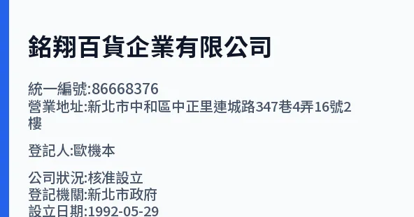 銘翔百貨企業有限公司的照片-統編 86668376(新北市) 公司登記資料與營業項目詳細圖表