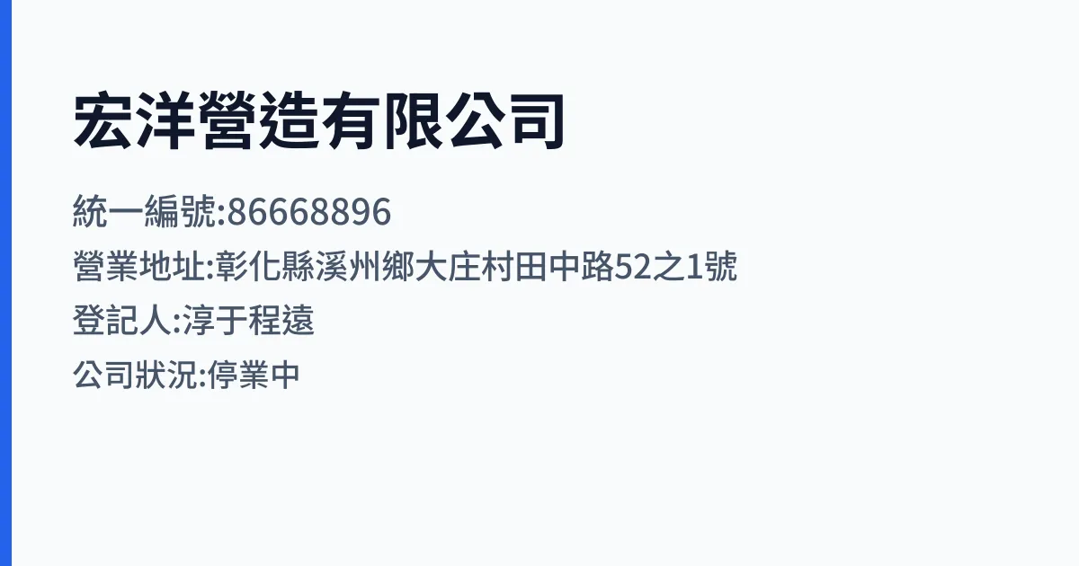 宏洋營造有限公司 - 統編 86668896(彰化縣) 公司登記資料與營業項目詳細圖表