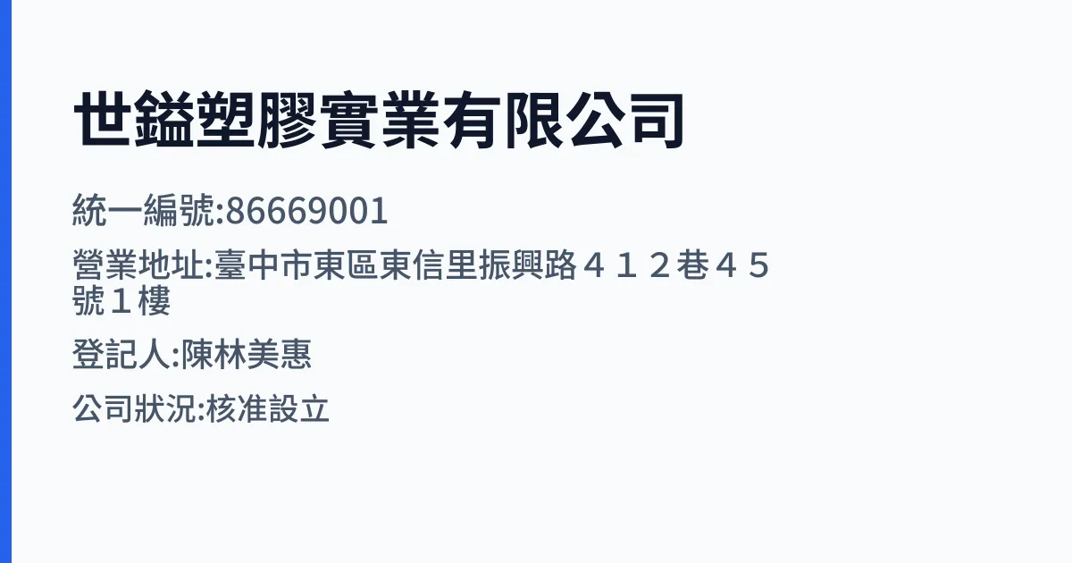 世鎰塑膠實業有限公司 - 統編 86669001(臺中市) 公司登記資料與營業項目詳細圖表