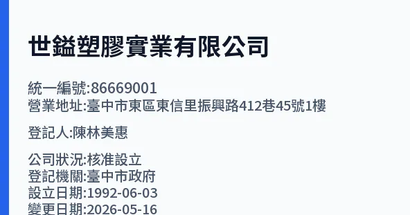世鎰塑膠實業有限公司的照片-統編 86669001(臺中市) 公司登記資料與營業項目詳細圖表