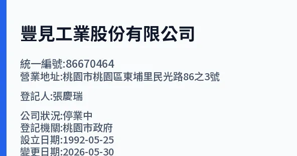 豐見工業股份有限公司的照片-統編 86670464(桃園市) 公司登記資料與營業項目詳細圖表