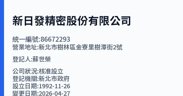 新日發精密股份有限公司的照片-統編 86672293(新北市) 公司登記資料與營業項目詳細圖表