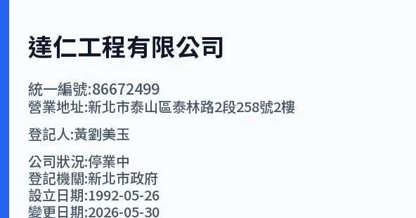 達仁工程有限公司的照片-統編 86672499(新北市) 公司登記資料與營業項目詳細圖表
