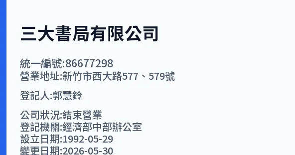 三大書局有限公司的照片-統編 86677298(新竹縣) 公司登記資料與營業項目詳細圖表