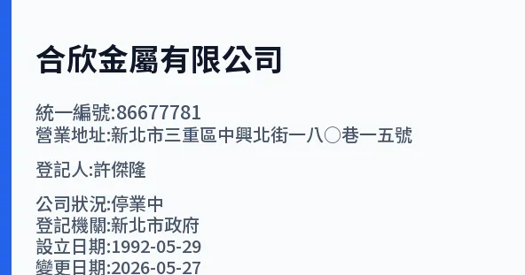 合欣金屬有限公司的照片-統編 86677781(新北市) 公司登記資料與營業項目詳細圖表