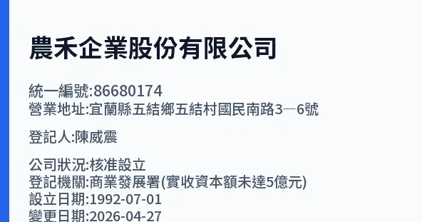 農禾企業股份有限公司的照片-統編 86680174(宜蘭縣) 公司登記資料與營業項目詳細圖表