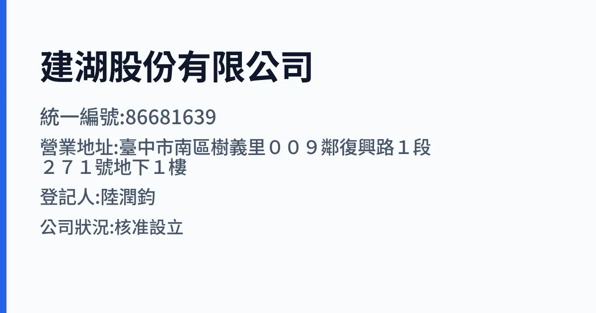 建湖股份有限公司 - 統編 86681639(臺中市) 公司登記資料與營業項目詳細圖表