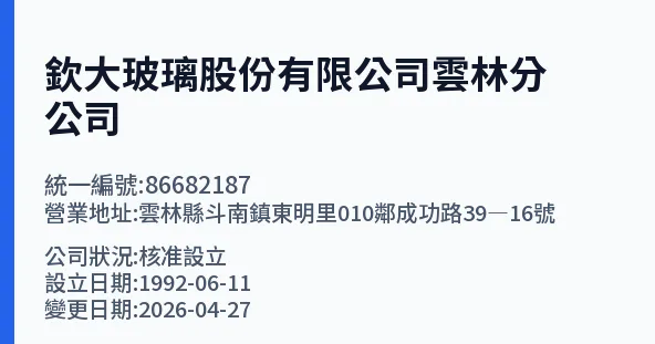 欽大玻璃股份有限公司雲林分公司的照片-統編 86682187(雲林縣) 公司登記資料與營業項目詳細圖表