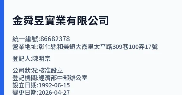 金舜昱實業有限公司的照片-統編 86682378(彰化縣) 公司登記資料與營業項目詳細圖表