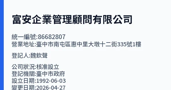富安企業管理顧問有限公司的照片-統編 86682807(臺中市) 公司登記資料與營業項目詳細圖表