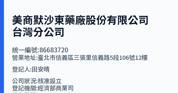 美商默沙東藥廠股份有限公司台灣分公司的照片-統編 86683720(臺北市) 公司登記資料與營業項目詳細圖表