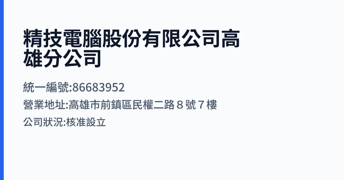 精技電腦股份有限公司高雄分公司 - 統編 86683952(高雄市) 公司登記資料與營業項目詳細圖表