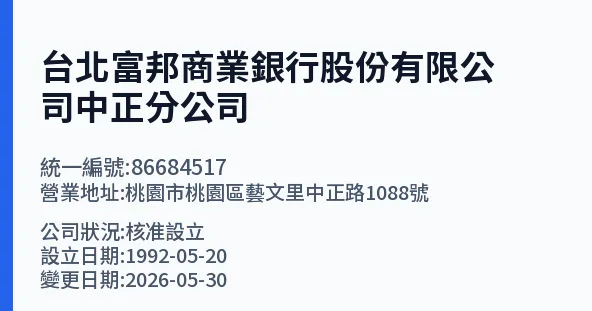 台北富邦商業銀行股份有限公司中正分公司的照片-統編 86684517(桃園市) 公司登記資料與營業項目詳細圖表