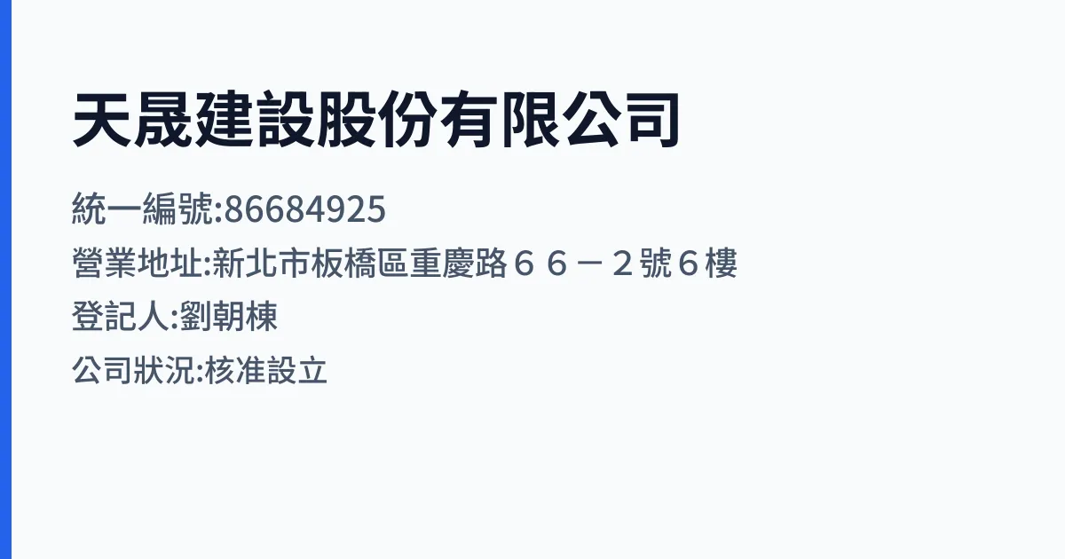 天晟建設股份有限公司 - 統編 86684925(新北市) 公司登記資料與營業項目詳細圖表