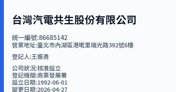 台灣汽電共生股份有限公司的照片-統編 86685142(臺北市) 公司登記資料與營業項目詳細圖表