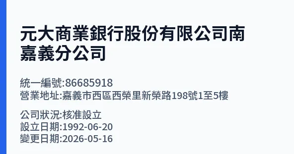 元大商業銀行股份有限公司南嘉義分公司的照片-統編 86685918(嘉義市) 公司登記資料與營業項目詳細圖表