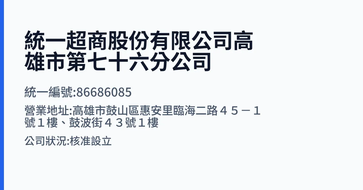 統一超商股份有限公司高雄市第七十六分公司 - 統編 86686085(高雄市) 公司登記資料與營業項目詳細圖表