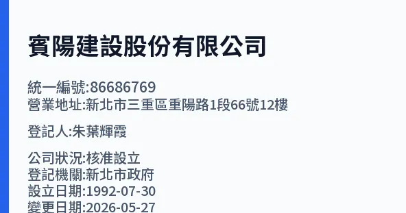 賓陽建設股份有限公司的照片-統編 86686769(新北市) 公司登記資料與營業項目詳細圖表