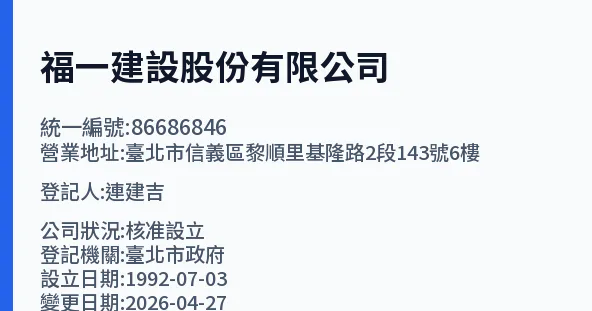 福一建設股份有限公司的照片-統編 86686846(臺北市) 公司登記資料與營業項目詳細圖表