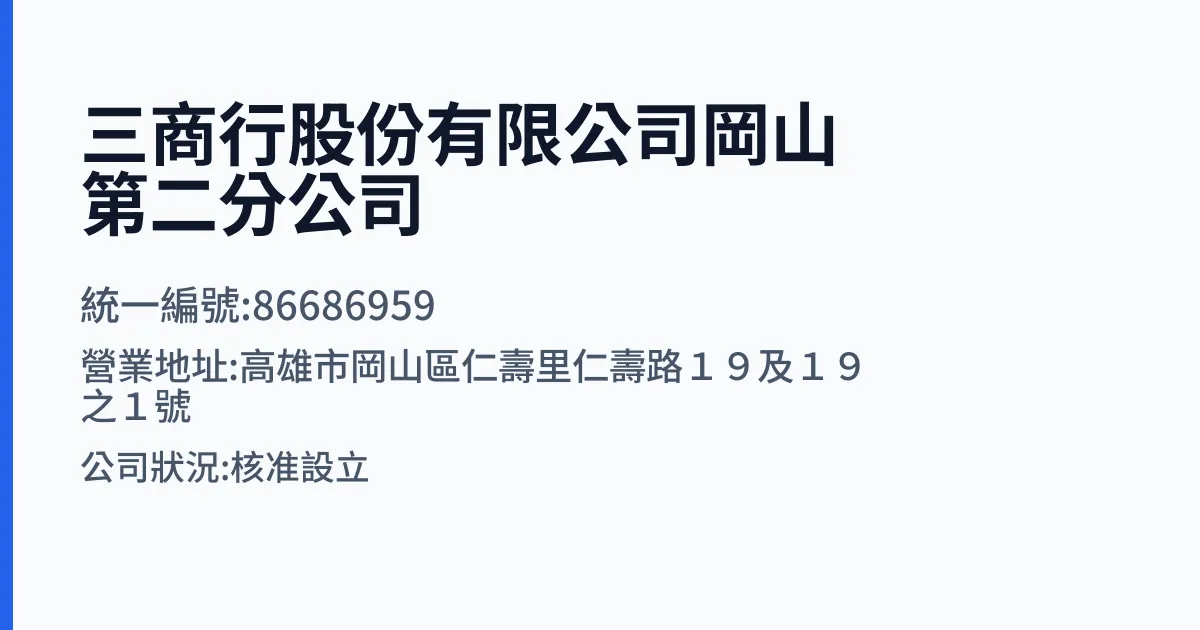 三商行股份有限公司岡山第二分公司 - 統編 86686959(高雄市) 公司登記資料與營業項目詳細圖表