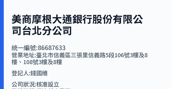 美商摩根大通銀行股份有限公司台北分公司的照片-統編 86687633(臺北市) 公司登記資料與營業項目詳細圖表