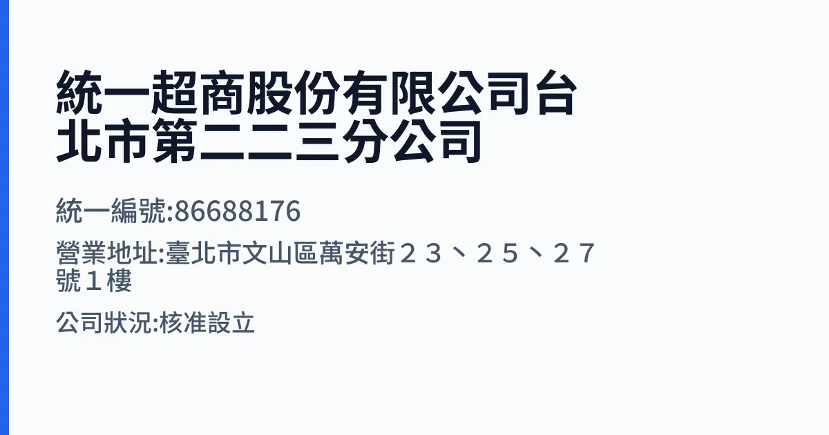 統一超商股份有限公司台北市第二二三分公司 - 統編 86688176(臺北市) 公司登記資料與營業項目詳細圖表