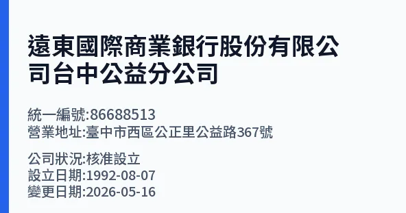 遠東國際商業銀行股份有限公司台中公益分公司的照片-統編 86688513(臺中市) 公司登記資料與營業項目詳細圖表