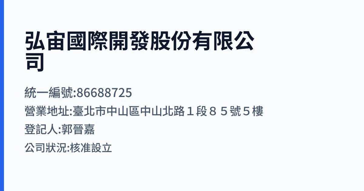 弘宙國際開發股份有限公司 - 統編 86688725(臺北市) 公司登記資料與營業項目詳細圖表