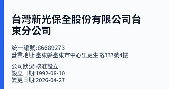 台灣新光保全股份有限公司台東分公司的照片-統編 86689273(臺東縣) 公司登記資料與營業項目詳細圖表