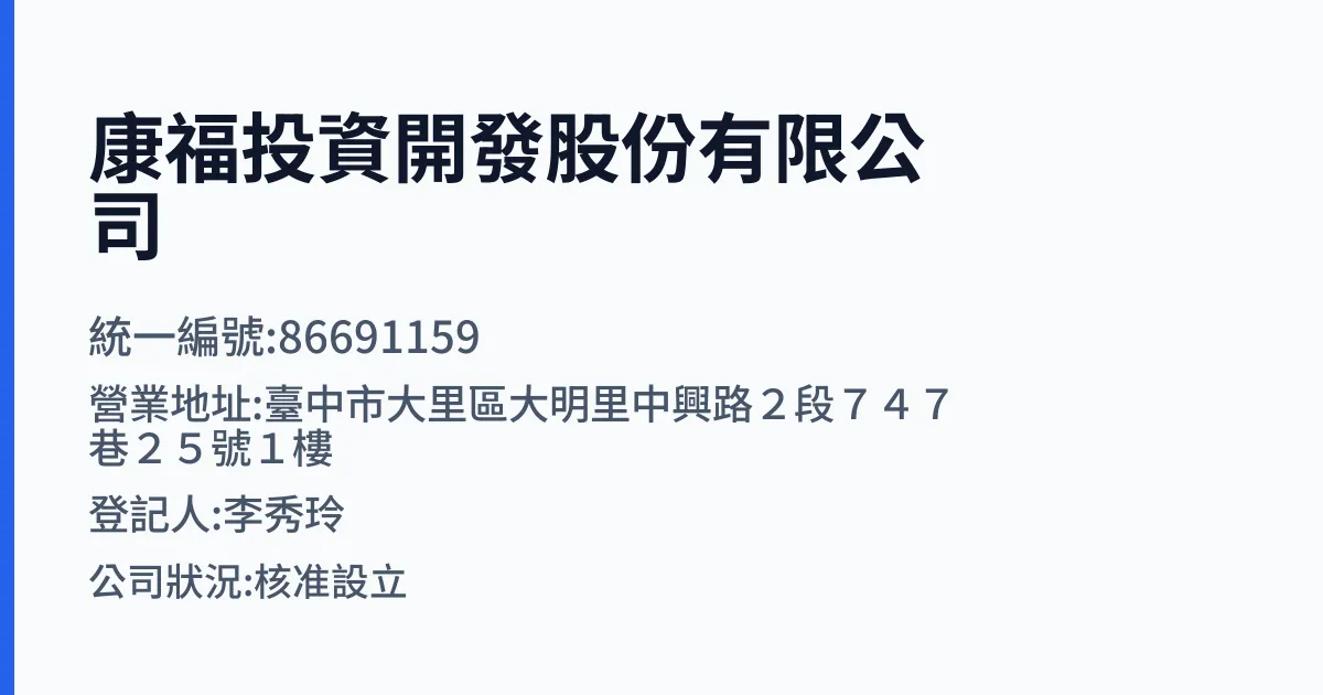 康福投資開發股份有限公司 - 統編 86691159(臺中市) 公司登記資料與營業項目詳細圖表
