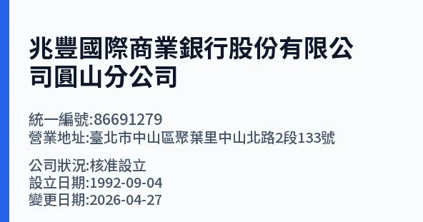 兆豐國際商業銀行股份有限公司圓山分公司的照片-統編 86691279(臺北市) 公司登記資料與營業項目詳細圖表