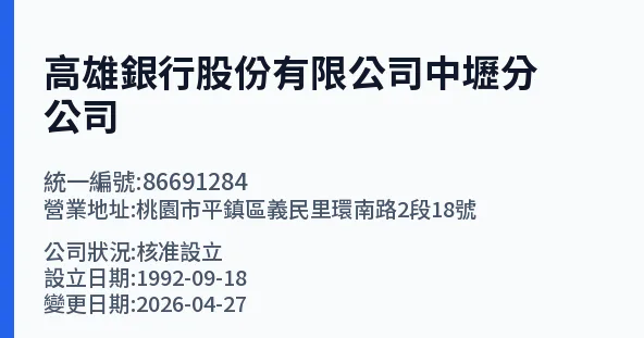 高雄銀行股份有限公司中壢分公司的照片-統編 86691284(桃園市) 公司登記資料與營業項目詳細圖表