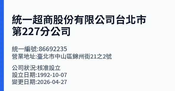 統一超商股份有限公司台北市第227分公司的照片-統編 86692235(臺北市) 公司登記資料與營業項目詳細圖表