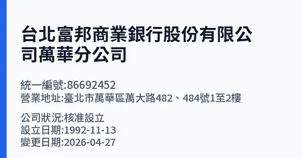 台北富邦商業銀行股份有限公司萬華分公司的照片-統編 86692452(臺北市) 公司登記資料與營業項目詳細圖表