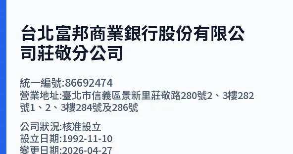 台北富邦商業銀行股份有限公司莊敬分公司的照片-統編 86692474(臺北市) 公司登記資料與營業項目詳細圖表