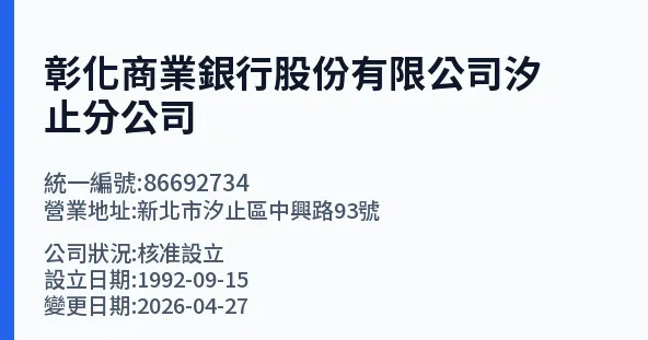 彰化商業銀行股份有限公司汐止分公司的照片-統編 86692734(新北市) 公司登記資料與營業項目詳細圖表