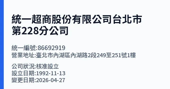 統一超商股份有限公司台北市第228分公司的照片-統編 86692919(臺北市) 公司登記資料與營業項目詳細圖表