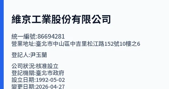 維京工業股份有限公司的照片-統編 86694281(臺北市) 公司登記資料與營業項目詳細圖表